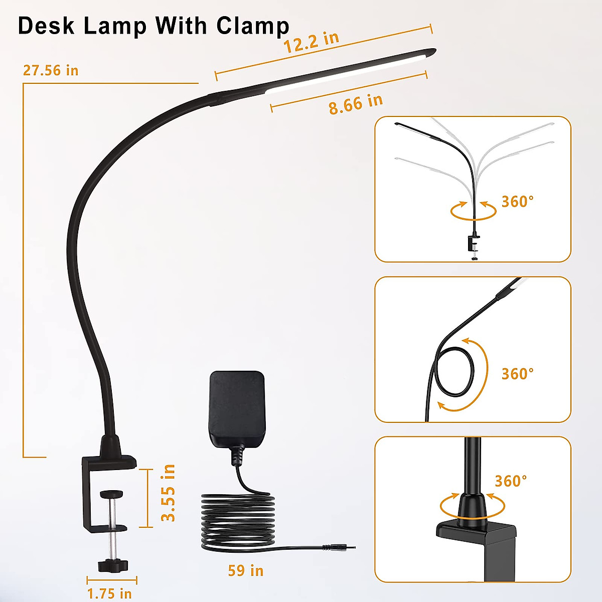 Desk Lamps for Home Office, 10W Clamp Lamp Dimmable Gooseneck Lamp Touch Control, Adjustable Desk Light for Workbench Tabletop (Black)