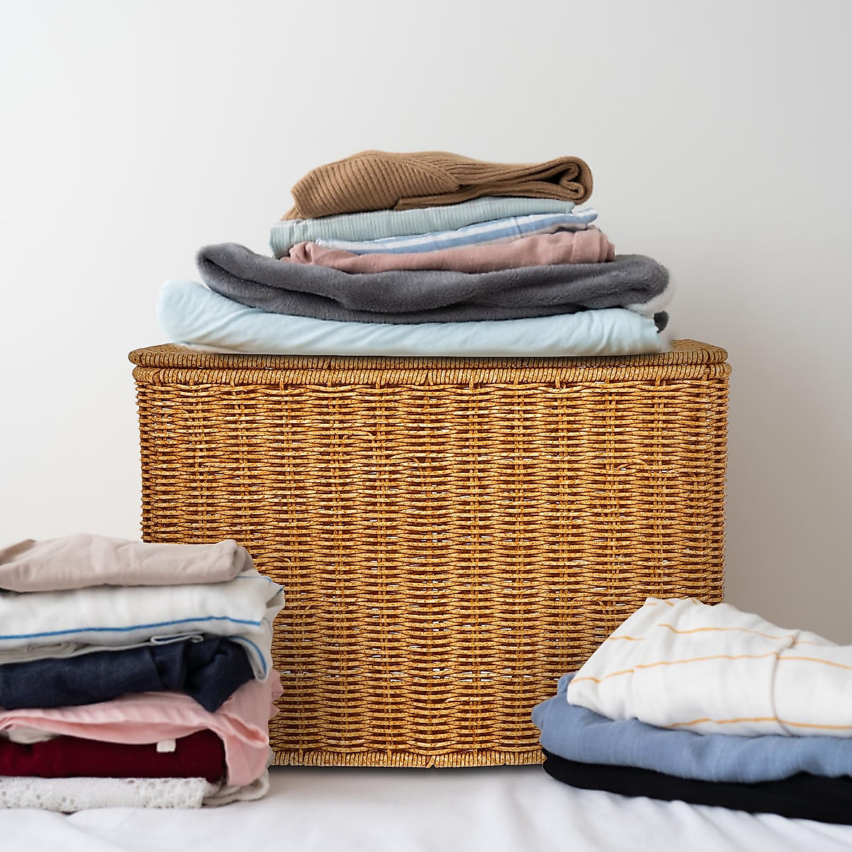 jojofuny Wicker Storage Baskets with Lids, Rattan Magazine Holder, Weave Sundries Basket, Woven Storage Container, for Storage, Living Room, Toy Organizing