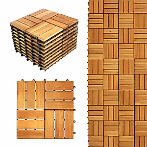 CLOVERHOLM 10Pcs Interlocking Deck Tiles - Waterproof 12”x12” Acacia Wood Tiles, Patio Tiles for Indoor and Outdoor, interlocking outdoor floor tiles, pavers, 12 Slats Checker Pattern (Natural, 12in)