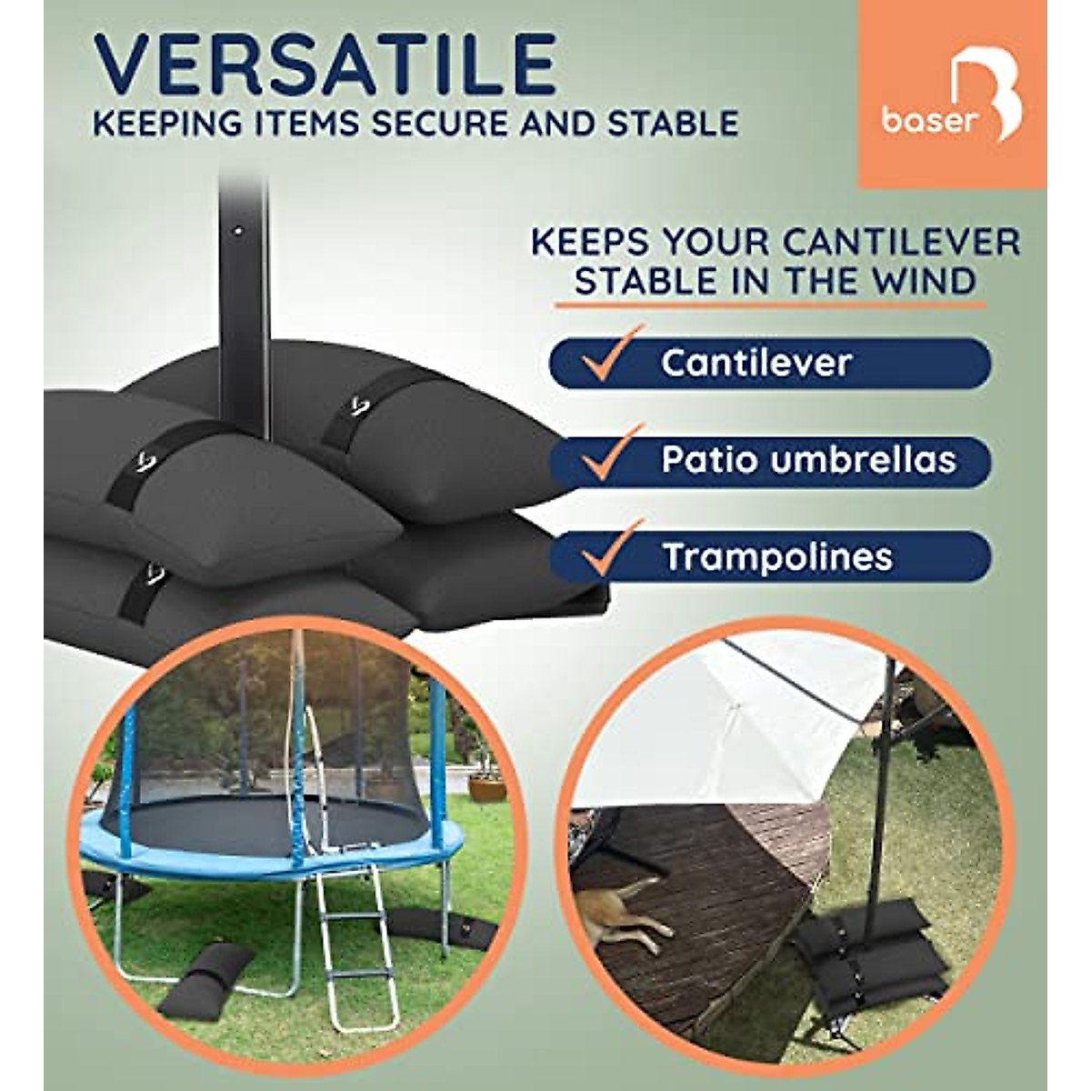 Baser Fillable Straight Sandbags, 4 x 55 LBS fillable Weight Bags for Patio Umbrellas, Cantilevers and Garden Accessories