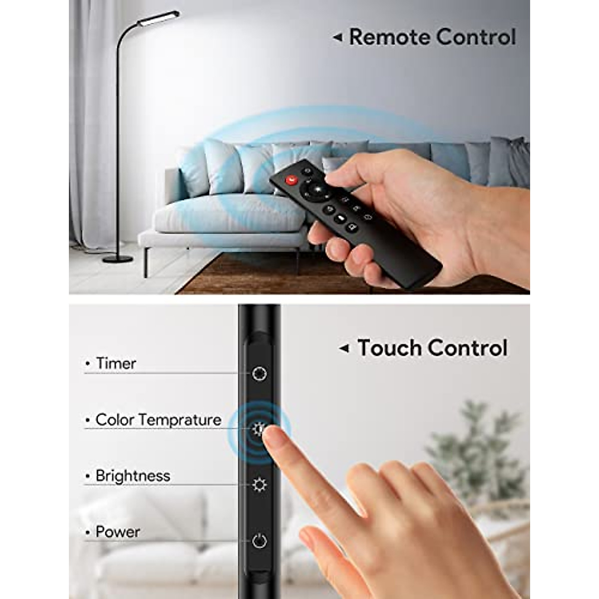 MediAcous Floor Lamp, LED Floor Lamp for Living Room, 5 Colors & Brightness & Step-Less Adjustable, Standing Lamp with 1H Timer, Remote & Button, Dimmable Reading Floor Lights, Work with Wall Switch