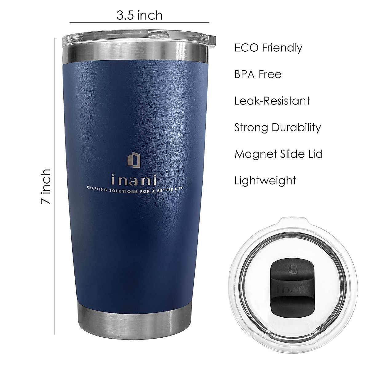 inani 20oz Stainless Steel Tumbler, Insulated Travel Coffee Cup, Leak-Resistant, Spill-Proof Lid, Dishwasher Safe, BPA-Free, Double-Wall Insulated Premium Travel Mug For Hot Or Iced Coffee, Navy Blue