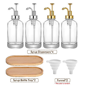 YTCYKJ Syrup Dispenser, Glass Syrup Dispenser with Stainless Steel Pump and Wooden Tray, Coffee bar Syrup Dispenser, 17oz, Set of 4, Syrup Dispenser Bottle Set(Silver＆Golden)