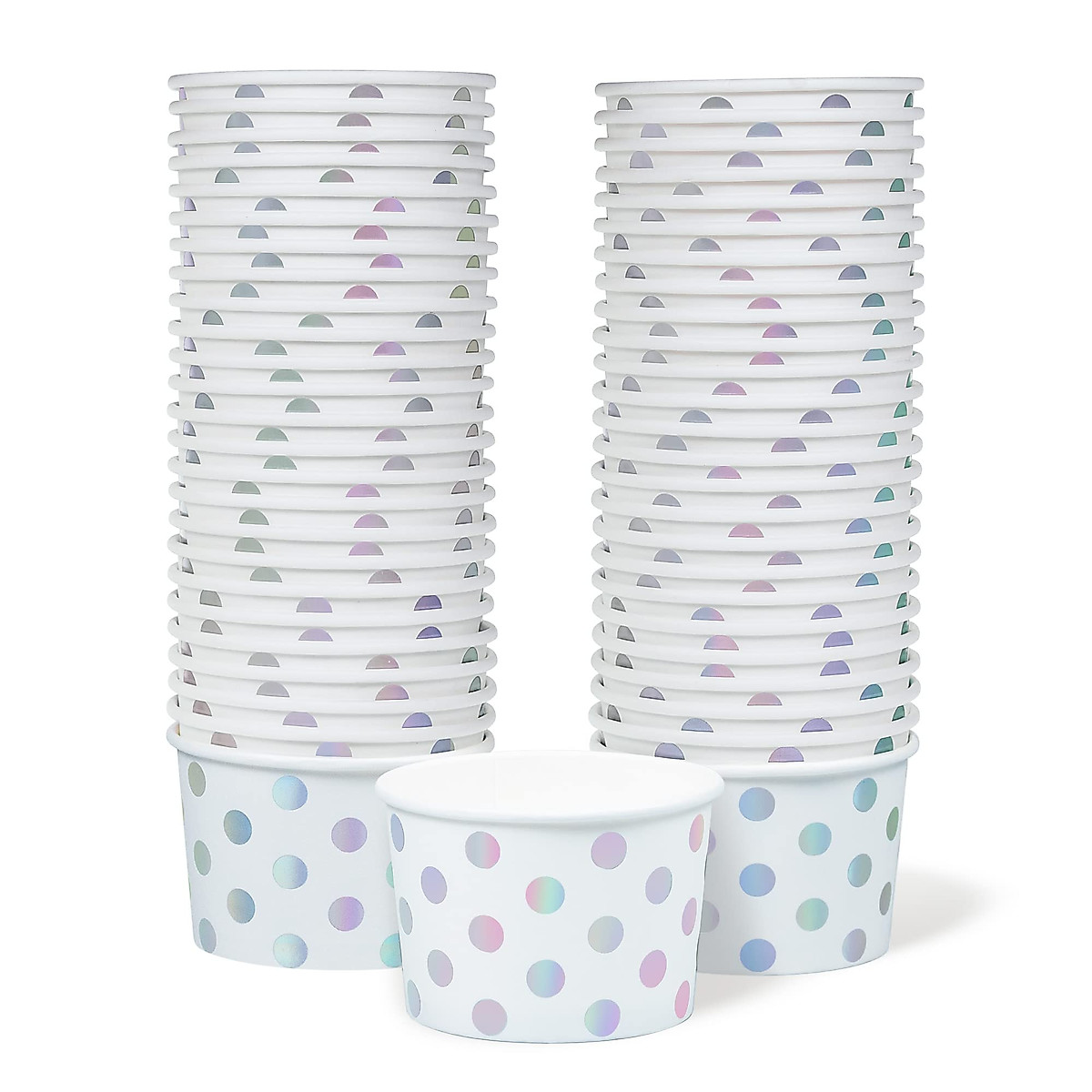 MATICAN Paper Ice Cream Cups - 50-Count 9-Oz Disposable Dessert Bowls for Hot or Cold Food, 9-Ounce Party Supplies Treat Cups for Sundae, Frozen Yogurt, Soup, Silver Foil Polka Dots