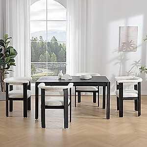 Wahson Set of 4 Mid Century Modern Upholstered Barrel Dining Chairs, Farmhouse Accent Dining Kitchen Chair with Boucle/Sherpa Upholstery and Black Wood Legs, White