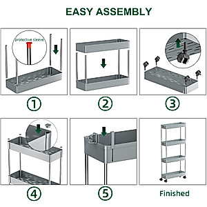 OTK Slim Storage Cart 4 Tier Mobile Shelving Unit Organizer, Utility Rolling Shelf Cart with Wheels for Bathroom Kitchen Bedroom Office Laundry Narrow Places，Grey