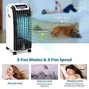 COSTWAY Evaporative Cooler, Portable Cooling Fan with Remote Control, 3-Mode, 3-Speed and 7.5H Timer Function, Include Ice Crystal Boxes, Water Tank and Casters, Bladeless Cooler for Home Office