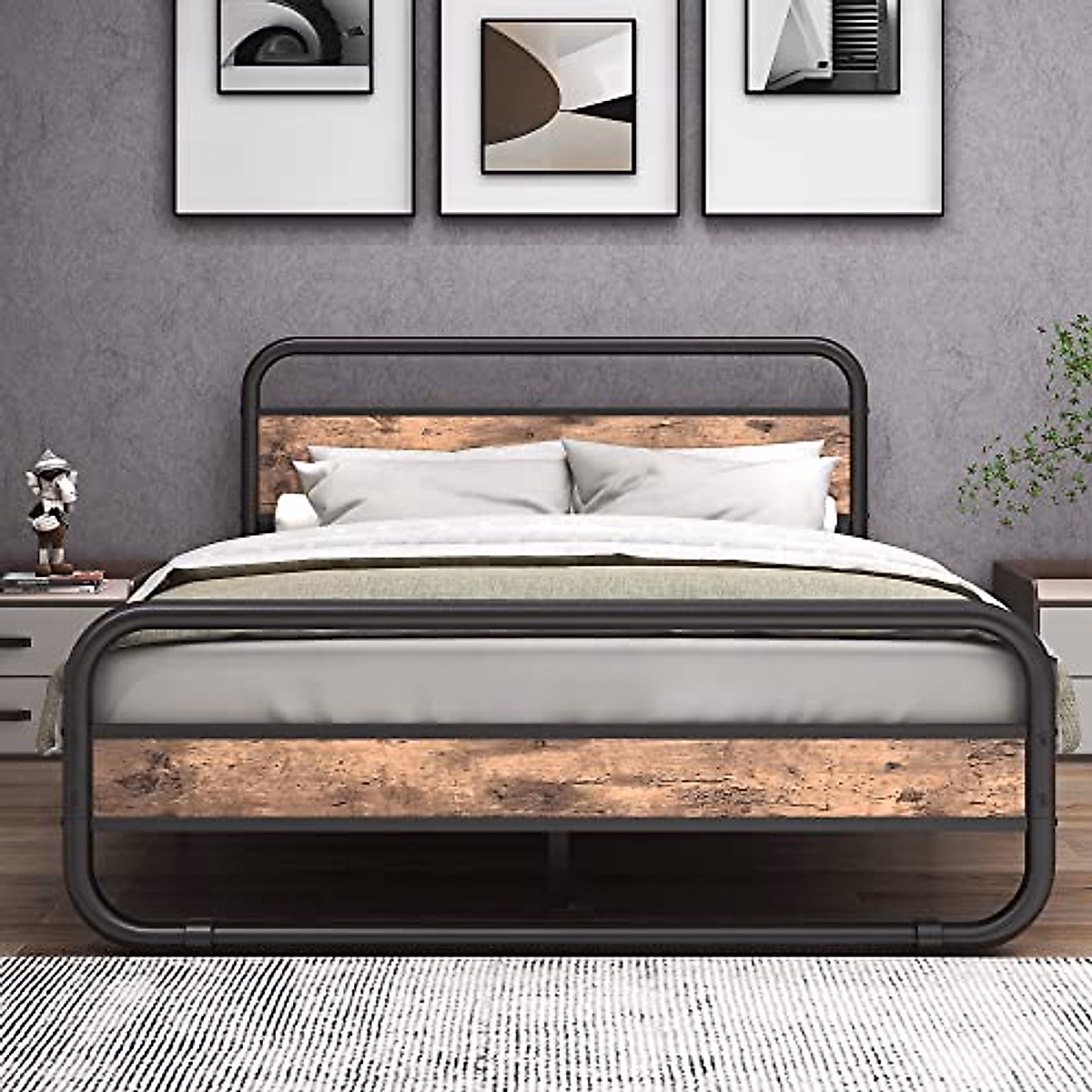 Albearing Queen Size Bed Frame with Wooden Headboard and Footboard, Heavy Duty Oval-Shaped Platform Bed with Under-Bed Storage, Steel Slats Mattress Foundation Round Pipe Design，Brown