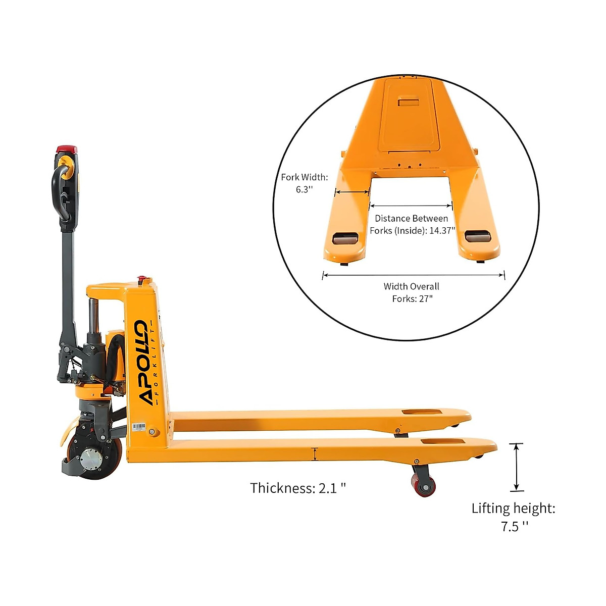 APOLLO Electric Pallet Jack Truck Lithium Battery 3300lbs Capacity 48" Length x 27" Width Fork Size for Material Handling