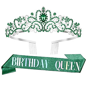 Green Tiara Sash Gifts with Rhinestone Crystal Headband - Princess Queen Crown Decorations and Accessories for Women