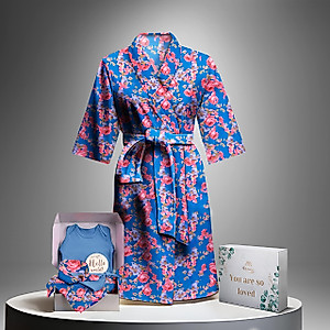 RNOONY Mommy and Me Robe and Swaddle Set M/L Color Black, Maternity Robe and Matching Baby Set, 2 Matching Hospital Outfits Nursery-Swaddling-Blankets for Boys Girls