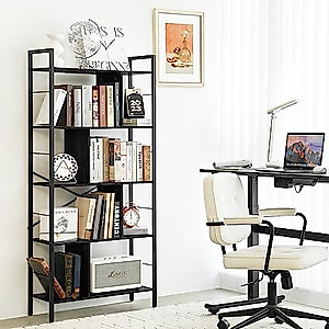 Yoobure 5 Tier Tall Book Shelf, Industrial Bookshelf Storage Bookcase, Open Wood Book Case, Rustic 5 Shelf Display Shelf for Living Room, Modern Standing Book Shelf for Bedroom, Home Office, Kitchen