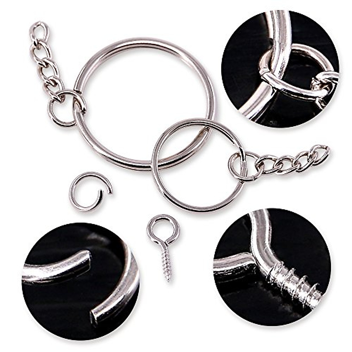 Swpeet 300Pcs Key Chain Rings Kit, 100Pcs Keychain Rings with Chain and 100Pcs Jump Ring with 100Pcs Screw Eye Pins Bulk for Jewelry Findings Making - 3/5 Inch, 4/5 Inch, 1 Inch, 6/5 Inch (Sliver)