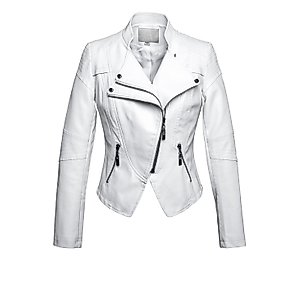 chouyatou Women's Fashion Tailored Zip-Up Faux Leather Quilted Racer Jacket (X-Large, White)