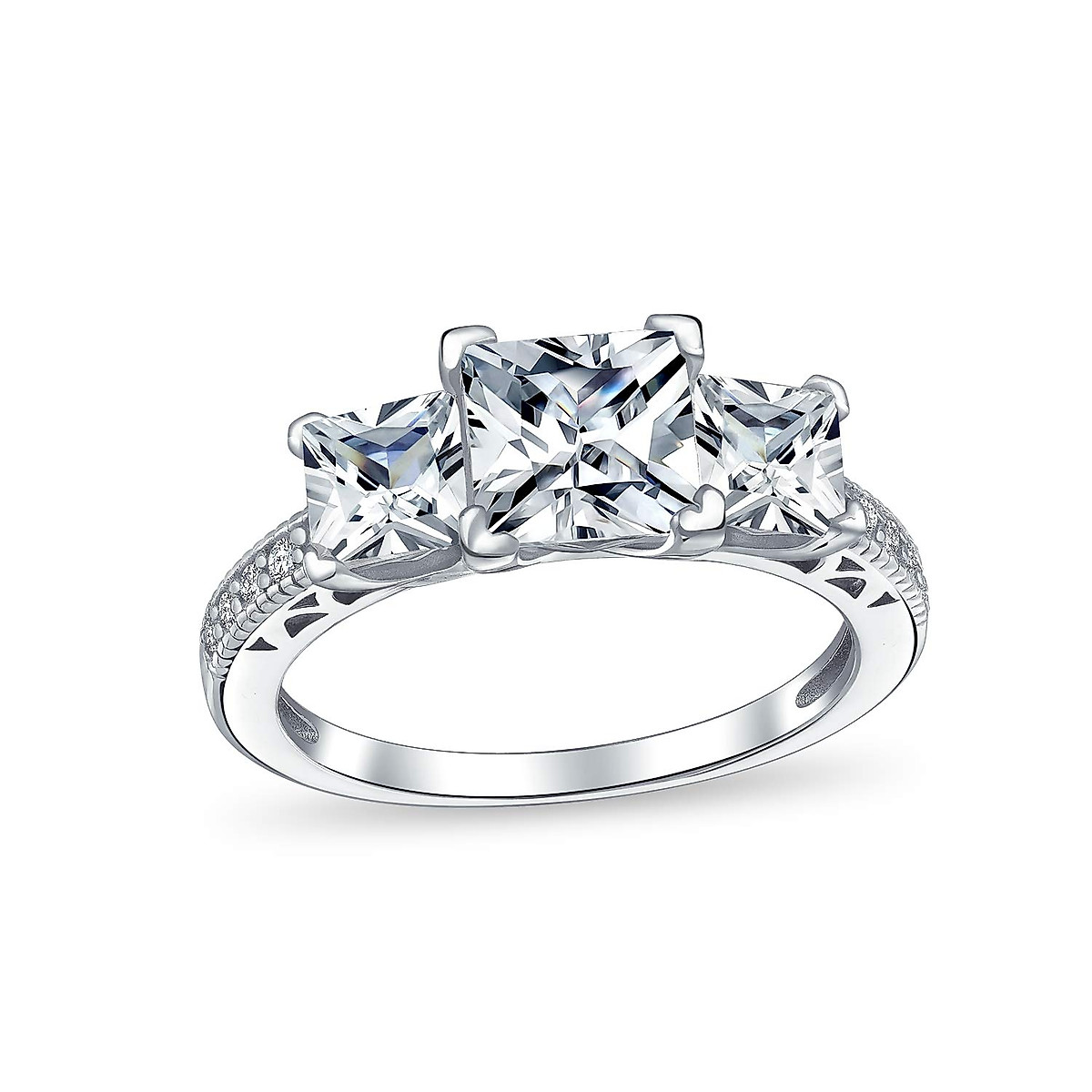 Bling Jewelry Art Deco Style 3CT Square Princess Cut 3 Stone Past Present Future Promise CZ Engagement Wedding Ring Sterling Silver