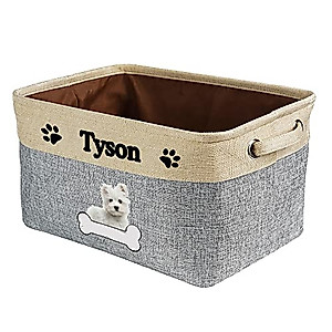 Personalized Dog Maltese Bone Decorative Storage Basket Fabric Durable Rectangle Toy Box with 2 Handles for Organizing Closet Garage Clothes Blankets Grey and White