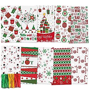 Colorbib Christmas Cellophane Bags 170pcs with 180pcs Treat Bags with Twist Ties Gnome and Christmas Ball Pattern Snack Bags for Christmas Party Supplies Candy Goodie 10 Assorted Styles