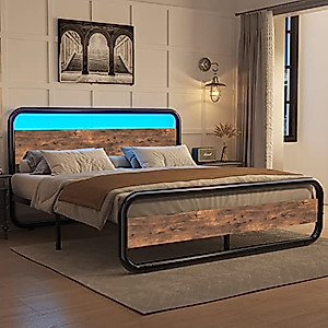 King Size Bed Frame LED Bed Frame with Headboard Heavy Duty King Size Beds Metal Rustic Bed Frame Wood Platform Bed Frame Under Bed Storage Noise Free No Box Spring Needed (Rustic Brown, King)