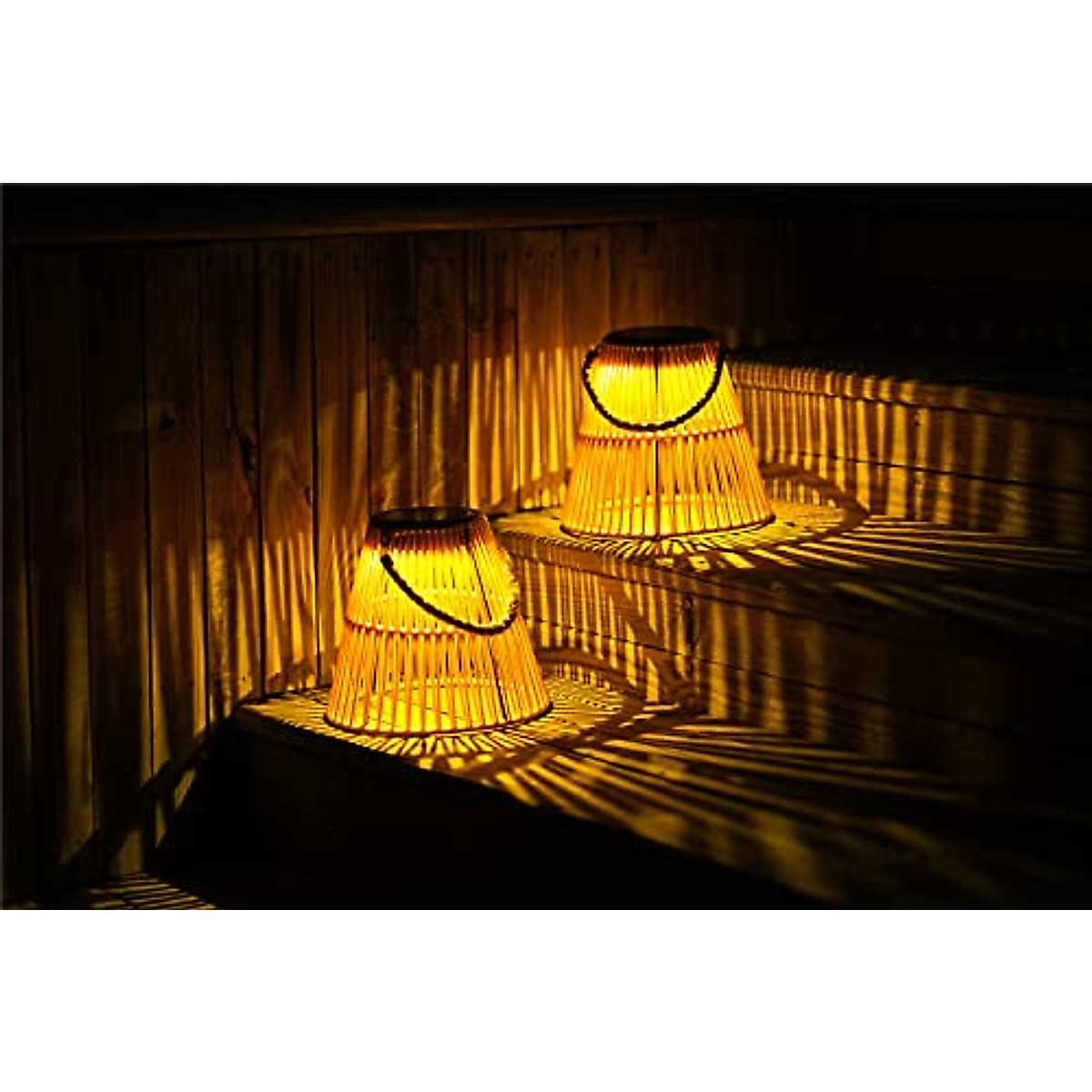 Outdoor Solar Hanging Lantern, 2 Pack Solar Lights Waterproof Table Light with Woven Rope Handle Rechargeable Decorative for Patio Backyard Garden Tree, Natural