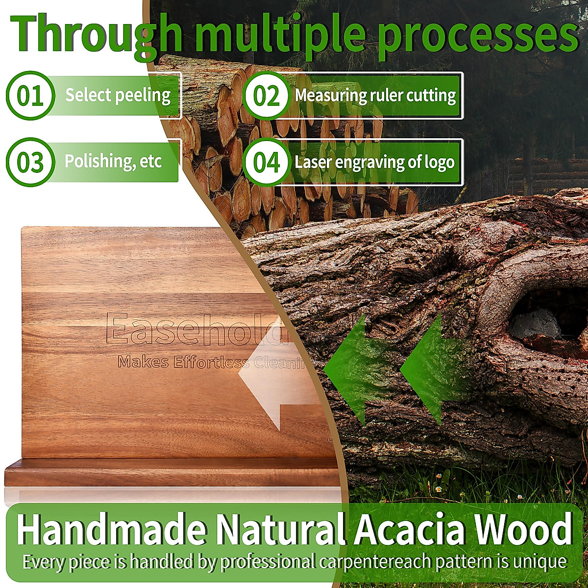 Easeholder Magnetic Knife Block Natural Wooden Double Side Knife Holder Stand with Strong Enhanced Magnets Mutifunctional Kitchen Cutlery Organization Storage Rack