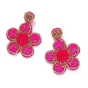 Beaded Drop Earrings Statement Colorful Beaded Flower Earrings Handmade Bohemia Tropical Beadwork Dangle Earrings For Woman (rose red)