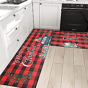 Pauwer Merry Christmas Kitchen Rugs Set of 2, Farmhouse Red Buffalo Plaid Kitchen Floor Mat, Non Slip Anti Fatigue Kitchen Mats for Floor, Cushioned Kitchen Rug Set Christmas Decorations for Home