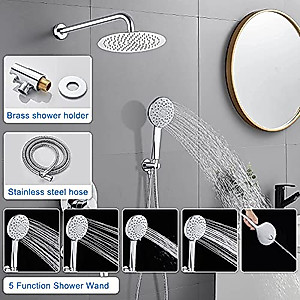 ROVOGO Tub and Shower Faucet Set, Complete Bathtub Shower System with 10-in. Round Rain Shower, 5-Function Handheld and Tub Spout, Chrome (Valve and Trim Kit Included)