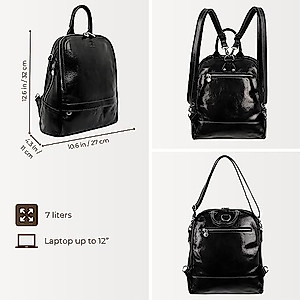 Time Resistance Leather Backpack Convertible to Shoulder Bag Full Grain Real Leather Travel Versatile Bag (Black)