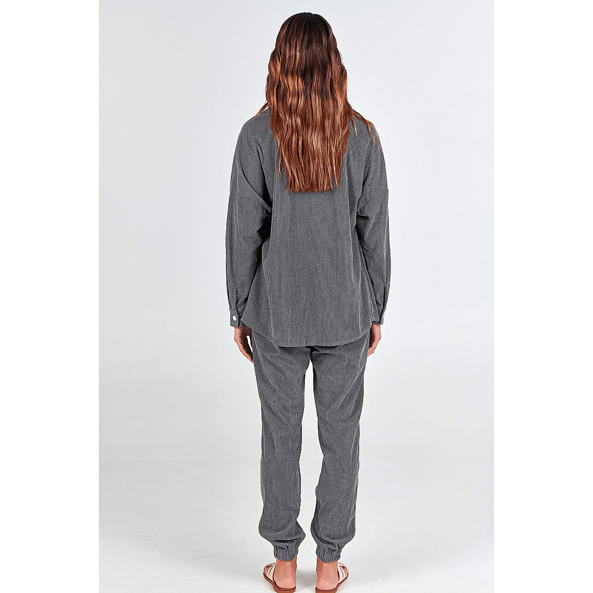 PRETTYGARDEN Women's 2 Piece Outfits Casual Corduroy Long Sleeve Button Down Jacket and Pants Tracksuit with Pockets (Grey,Large)