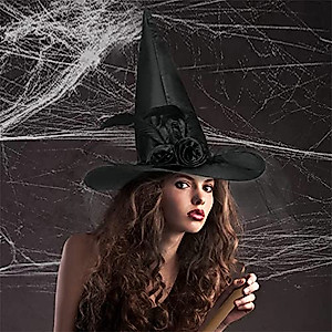 JUSTOTRY Witch Hat for Costume Party & Halloween - Women's & Girls' Black Witch Costume Hat with Roses, Feathers & Iron-on Design, Size 1PBL(Black, Silk, COS-HAT2)