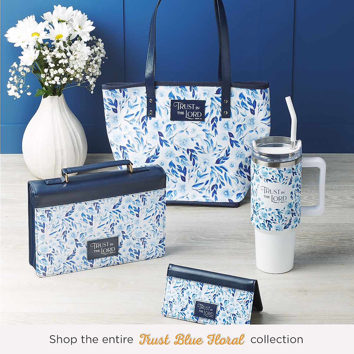 Christian Art Gifts Extra Large Double Wall Stainless Steel Insulated Travel Tumbler for Women: Trust in the Lord Uplifting Scripture, Twist Dial Lid, Reusable Straw & Tip, White & Blue Floral, 40 oz