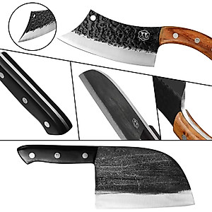 XYJ Full Tang Handmade Forged Serbian Chef Knife 6.7 Inch Butcher Knives 6.2 inch Boning Knife for Camping Hunting with Leather Sleeves