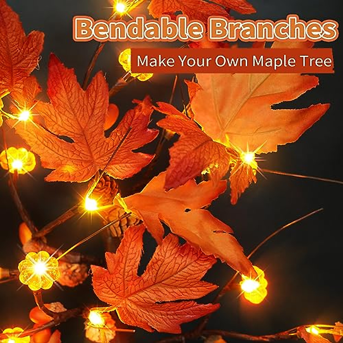 22 Inch Lighted Maple Tree Fall Tree Thanksgiving Tree Decorations with 6 Acorns & Pumpkins & Pinecones Autumn Decor with 18 LED Thanksgiving Decorations Indoor for Harvest, Fall, Party, Table