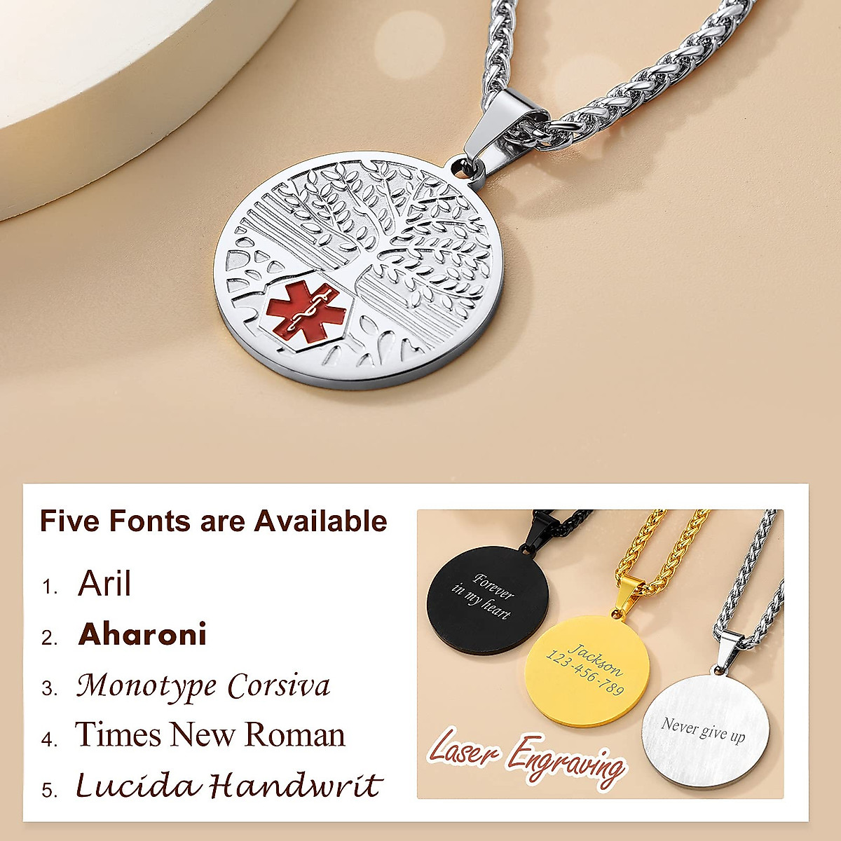 Custom4U Medical Alert Necklace for Women Men Personalized Stainless steel Medical ID Tag Pendant with Free Engraving