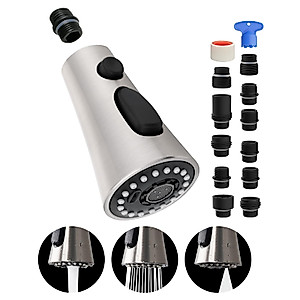 Hygie Rinse Pull Down Kitchen Faucet Head Replacement, with 11 Adapter Kit Compatible with Kohler/Moen/Delta Faucet, 3 Function Kitchen Sink Faucet Spray Head, Brushed Nickel Finish