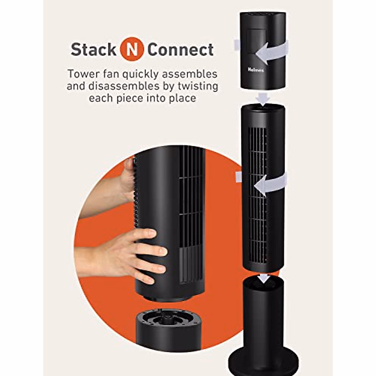 HOLMES STACK-N-CONNECT 45" Digital Tower Fan, ClearRead Display, Bonus Storage Bag, 90° Oscillation, 4 Speeds, 4 Modes, 8-Hour Timer, Home, Ideal for Bedroom or Office, Remote Control, Matte Black