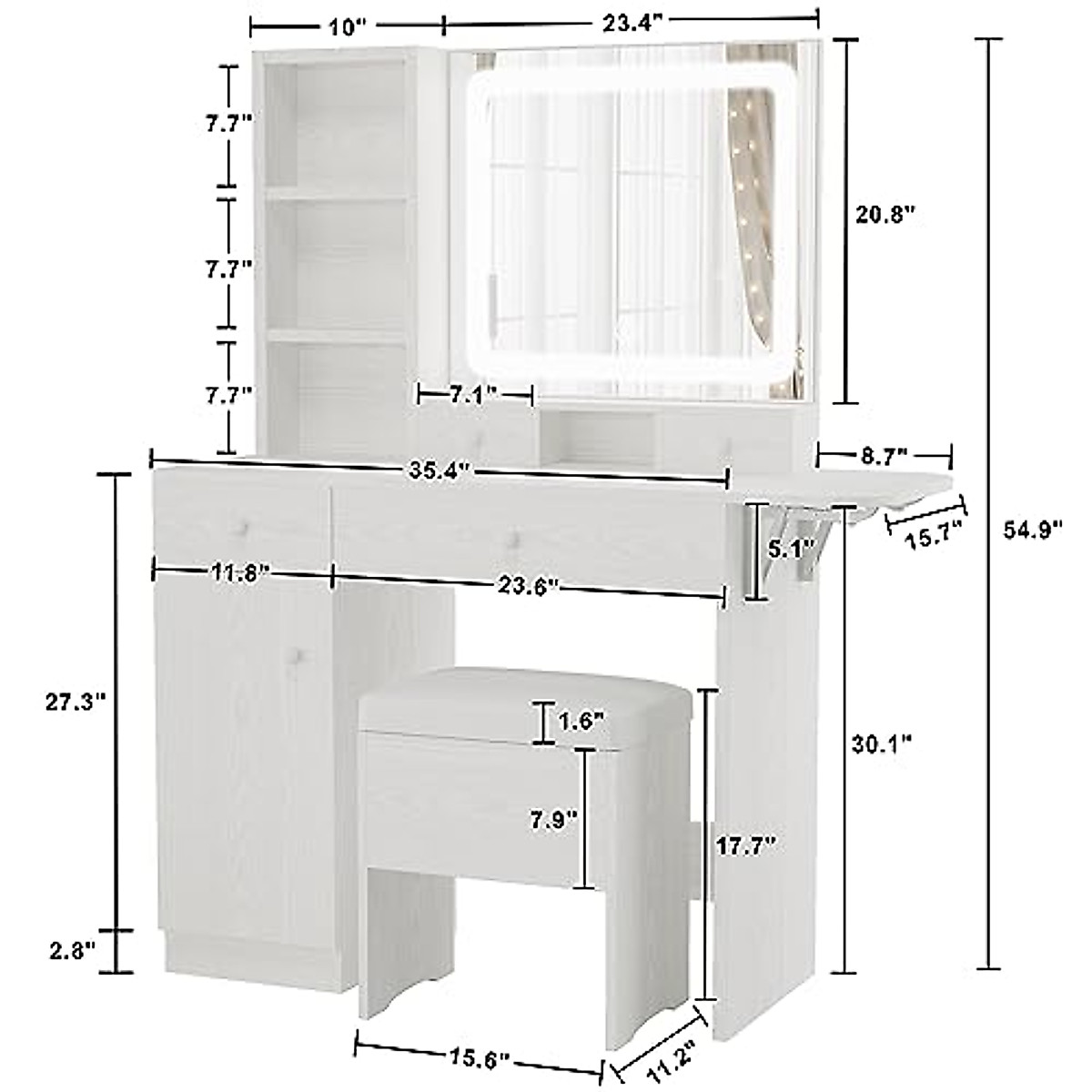 LIKIMIO Vanity Desk with Drawers & LED Lighted Mirror & Power Outlet & Cabinet, Storage Stool, Stylish Bedroom Makeup Table Set, White