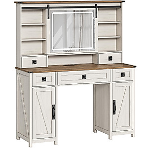 AOGLALTI Farmhouse Vanity Desk with Mirror and Lights, Makeup Vanity with Lights & Charging Station, Large White Vanity Table with Ample Storage Space and Sliding Mirror (White)