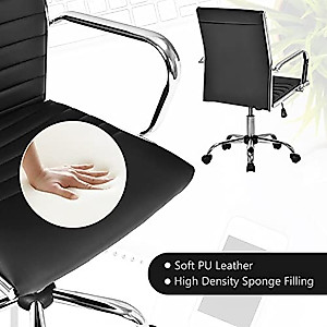 COSTWAY Ribbed Office Chair Set of 4, Swivel Executive PU Leather High Back Chair with Height Adjustable, Armrest, Rocking Backrest, Lumbar Support, Ergonomic Task Managerial Chair for Home (Black)