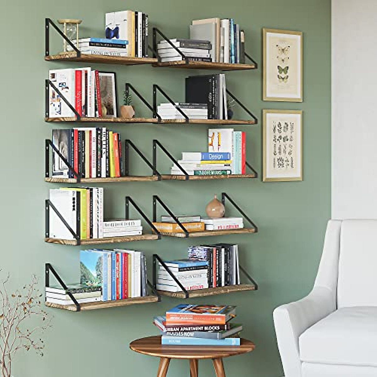 Wallniture Ponza Floating Shelves for Wall, 17"x8" Bookshelf for Large Books, Storage Shelves for Office, Hallway Living Room Decor, Set of 10, Burnt