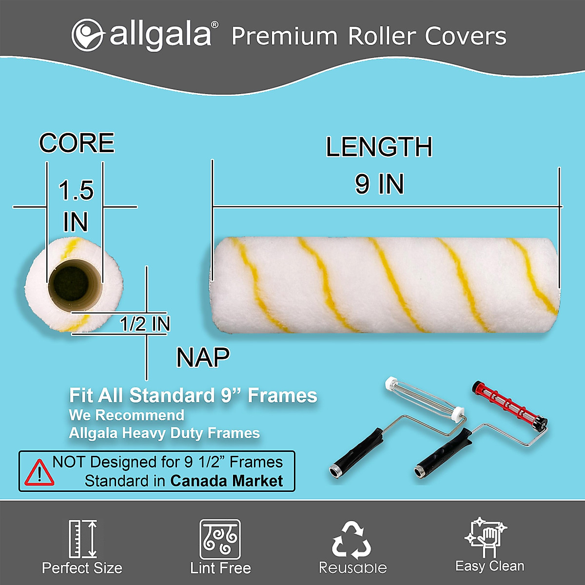 Allgala Paint Roller Covers, 12-Pack 9 Inch Shedless Paint Roller Covers 1/2 Inch Nap, Covers for Paint Roller Frame and Paint Roller Kit