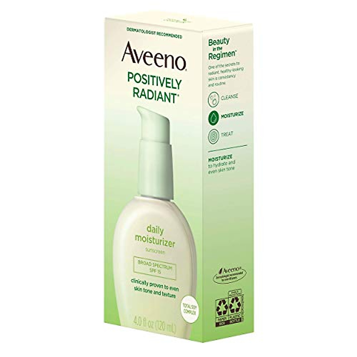 Aveeno Positively Radiant Daily Facial Moisturizer with Broad Spectrum SPF 15 Sunscreen & Total Soy Complex for Even Tone & Texture, Hypoallergenic, Oil-Free & Non-Comedogenic, 4 fl. oz