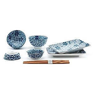 Fuji Merchandise Nippon Blue Sakura Cherry Blossoms Sushi Dinnerware 6pc Set for Two Including Plate Sauce Bowls and Rice Bowl with Chopsticks Made in Japan