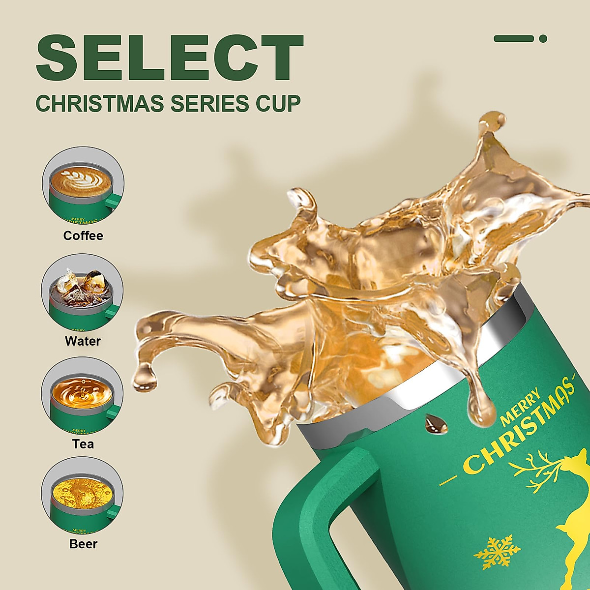 FOHGEE Christmas Style 30oz Stainless Steel Tumbler with Handle - Keep Drinks Cold & Hot All Season! (Green Reindeer)