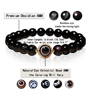 L&C Feng Shui Black Obsidian Wealth Bracelet - 8MM 10MM Women Mens Bracelets Natural Black Obsidian Crystal Evil Eye Agate Bring Luck Prosperity Elastic Stretch Beaded Bracelet for Woman Men (8MM)