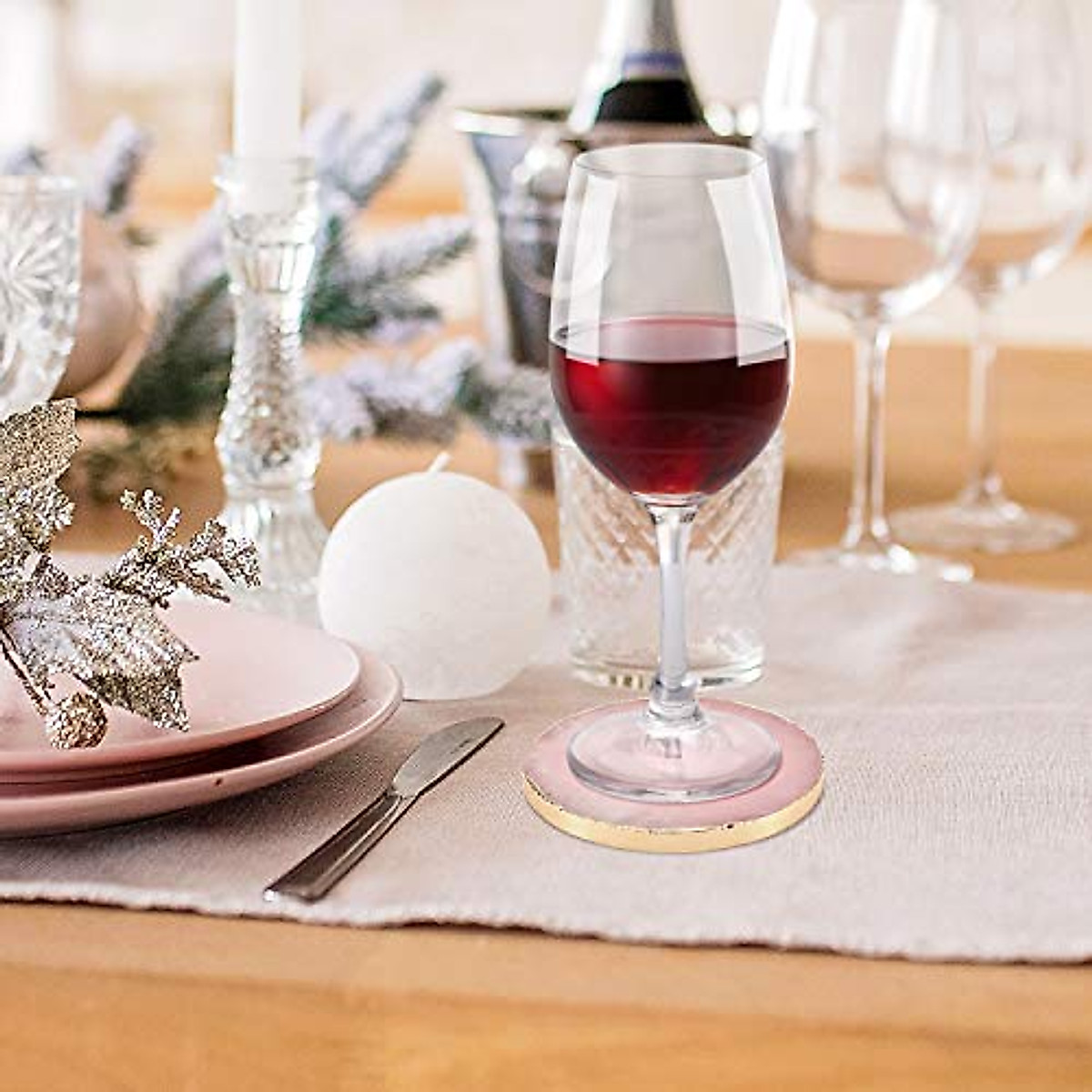 Rose Quartz Coaster Single with Stand (1Pcs),Pink Round Agate Coaster for Drinks,Natural Rose Crystal Stone with Golden Edge, Gemstone Geode Decor Gifts (1)