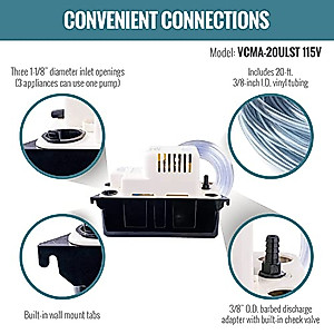 Little Giant VCMA-20ULST 115 Volt, 80 GPH, 1/30 HP Automatic Condensate Removal Pump with Safety Switch and Tubing, White/Black, 554435