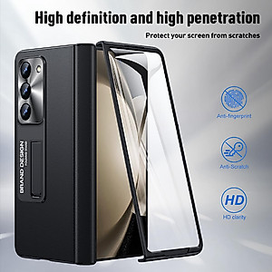 LEIAU for Samsung Galaxy Fold 5 Case: Luxury Genuine Leather case with Full Cover Hinge Protection & Screen Protector & Kickstand - Shockproof Protective Phone Case for Galaxy Z Fold 5 5G 2023 Black