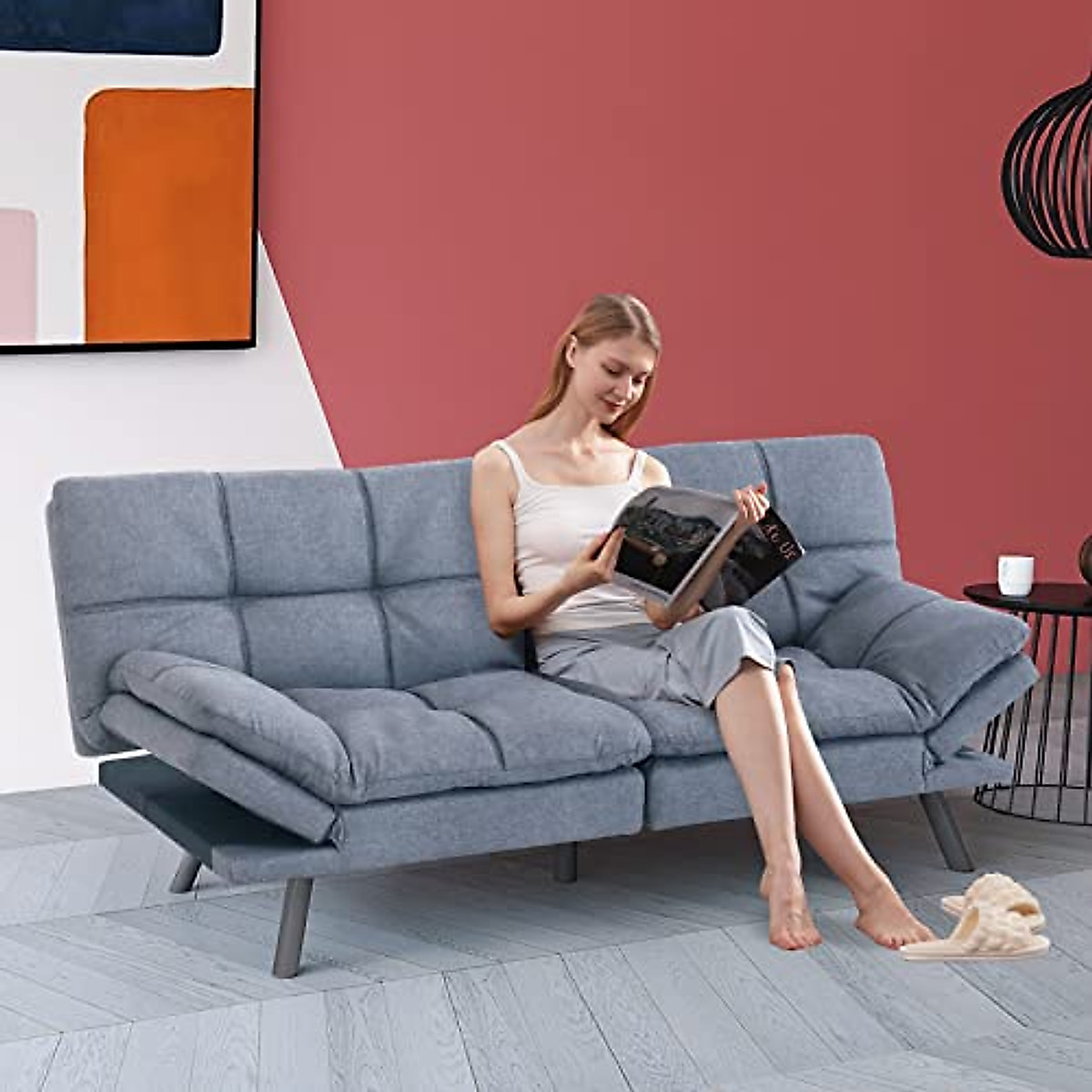 Opoiar Grey Fabric Futon Sofa Bed Couch,3" Memory Foam Loveseat Sofa Bed,71" L Modern Sleeper Sofa Bed with Covertible Armrests,Small Space Sofa Bed for Living Room,Home Office,Apartment