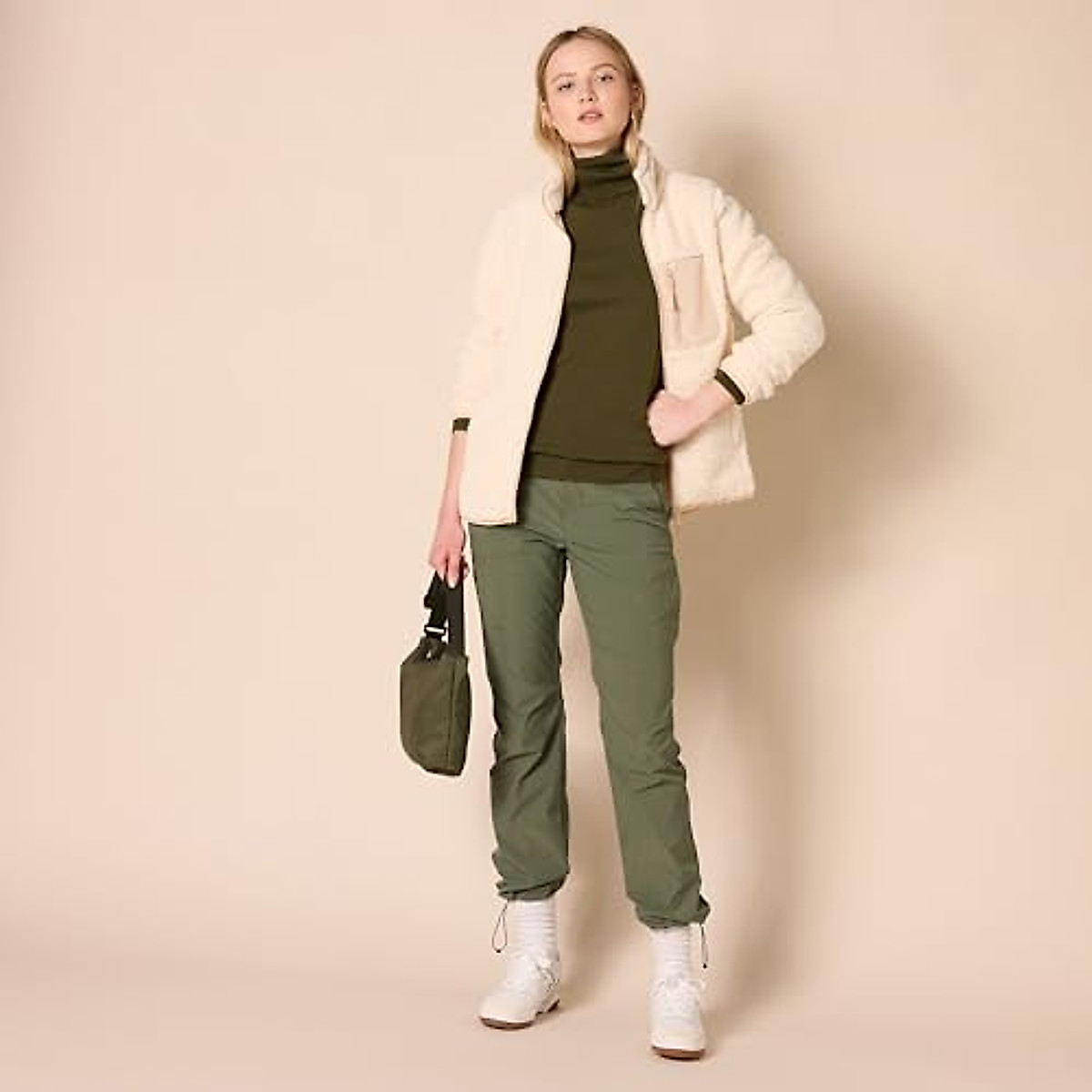 Amazon Essentials Women's Sherpa Long-Sleeve Mock Neck Full-Zip Jacket with Woven Trim (Available in Plus Size), Beige Color Block, Medium